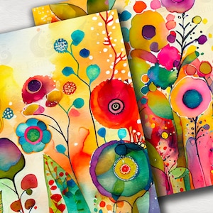 Floral Digital Paper Pack: Whimsical Watercolor Flowers in Bright ...