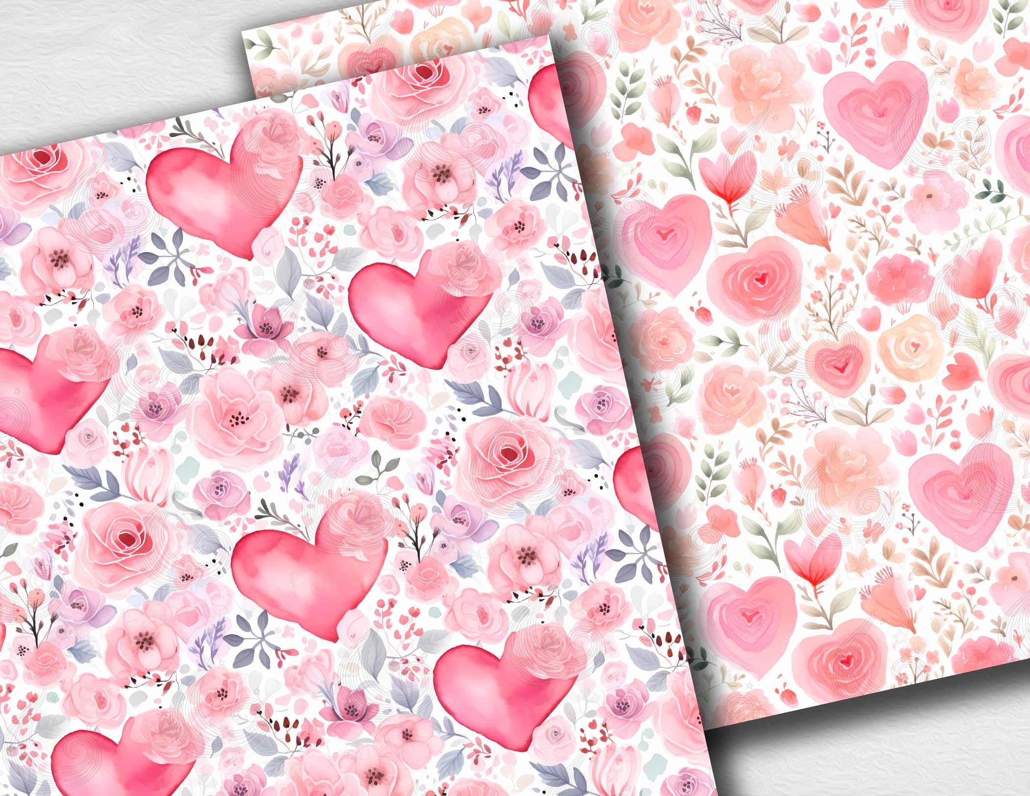 Whimsy Romantic Seamless Patterns: Heart & Rose Watercolor Valentine ...