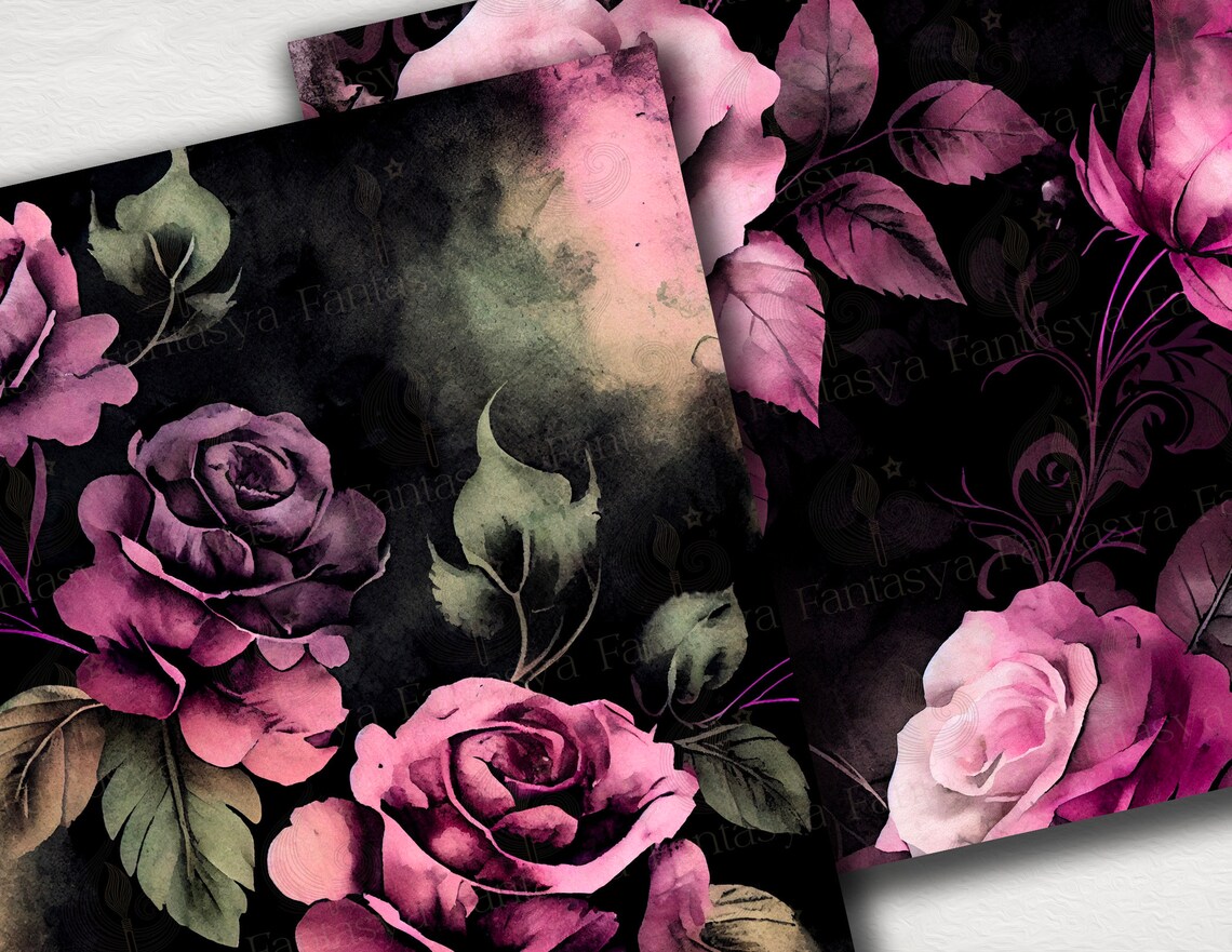 Gothic Roses Digital Paper Watercolor Roses Scrapbooking - Etsy