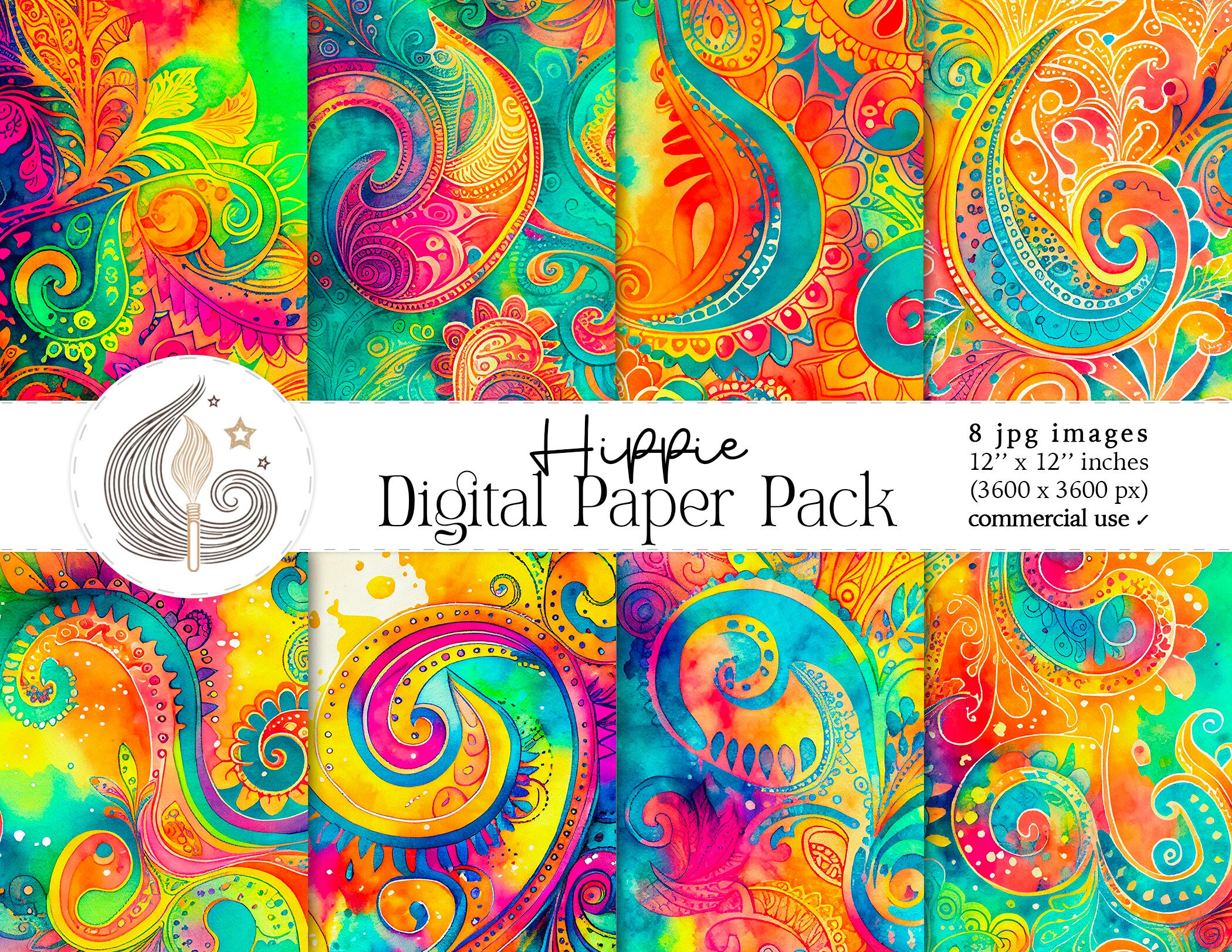 Hippie Digital Paper Psychedelic Pattern Boho Scrapbook - Etsy