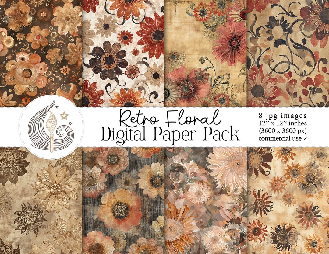 Retro Flower Patterns | Vintage Floral Digital Paper Pack | Muted Tones ...