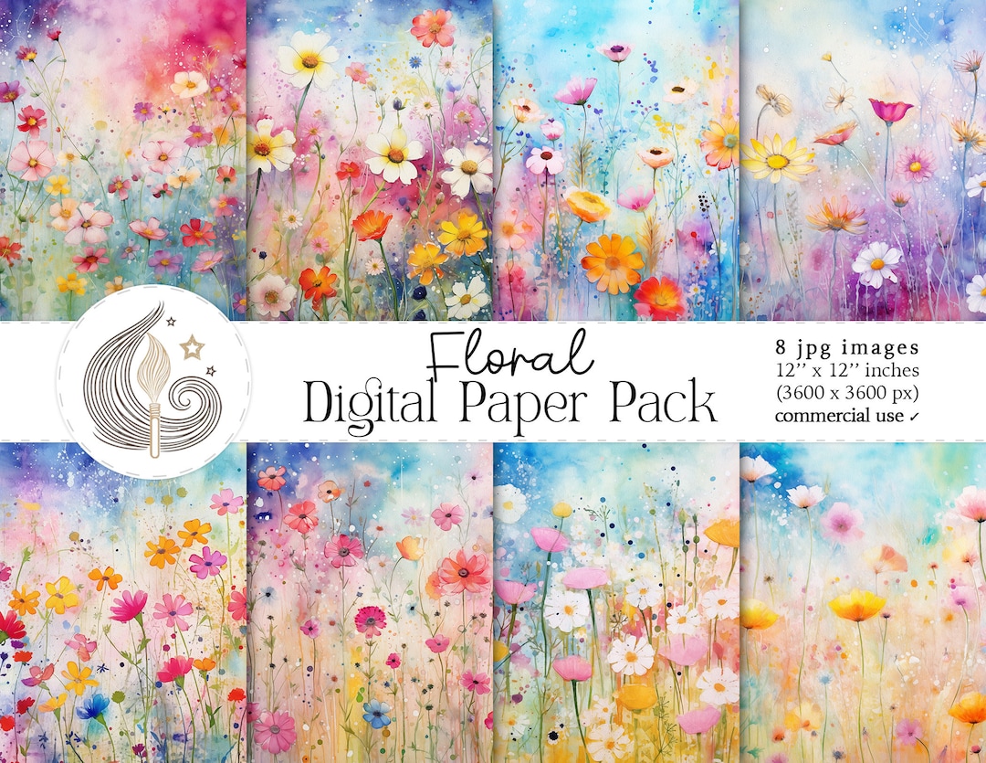 Floral Digital Paper Pack: Bright Watercolor Flower Backgrounds With ...