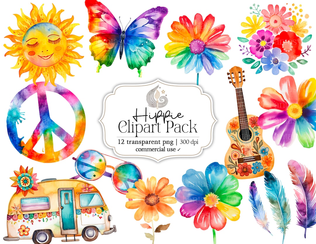 Watercolor Hippie Clipart Pack: Retro Florals and Groovy Elements (PNG ...