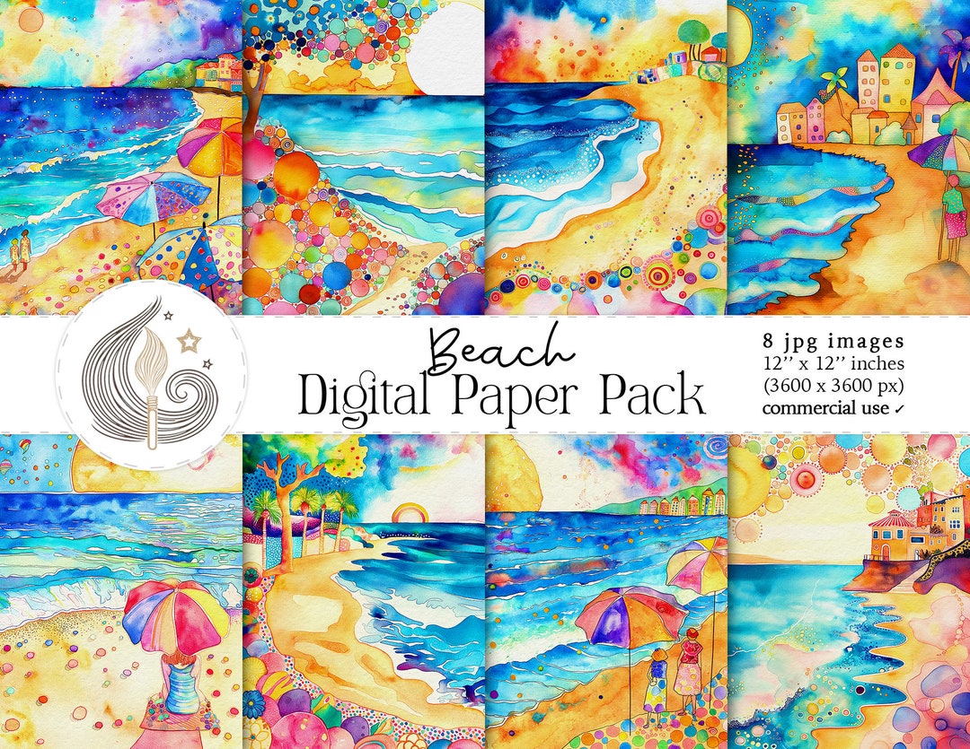 Beach Digital Paper Pack: Watercolor Seaside Landscape Backgrounds in ...