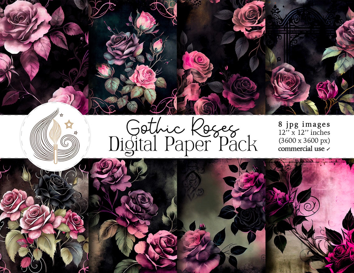 Gothic Roses Digital Paper Watercolor Roses Scrapbooking - Etsy