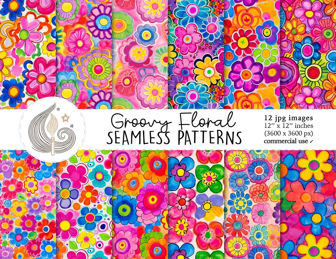 Groovy Floral Seamless Patterns: 70s Flower Power Digital Paper Pack ...