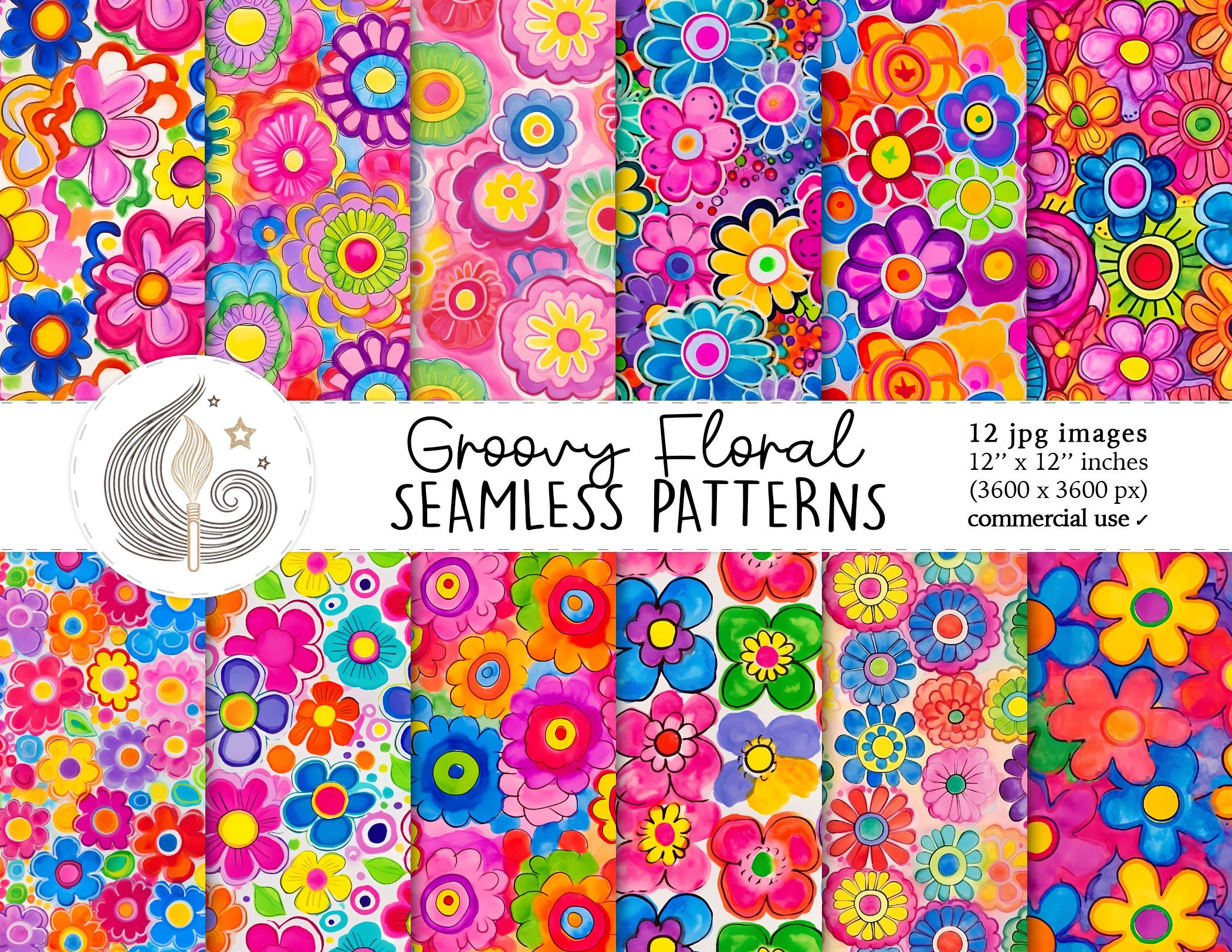 Groovy Floral Seamless Patterns: 70s Flower Power Digital Paper Pack ...