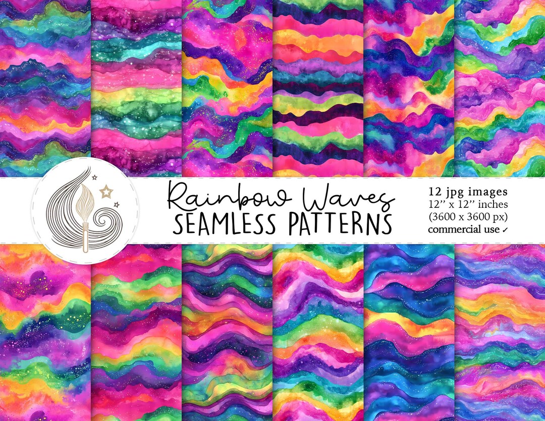 Rainbow Waves Seamless Patterns: Colorful Watercolor Digital Paper Pack ...