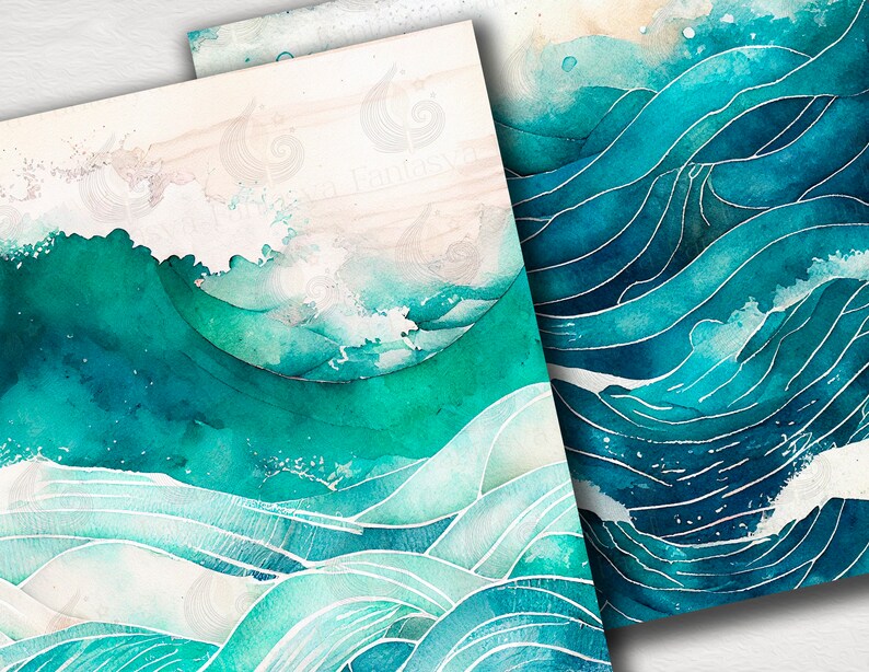 Ocean Waves Digital Paper Watercolor Texture Digital - Etsy