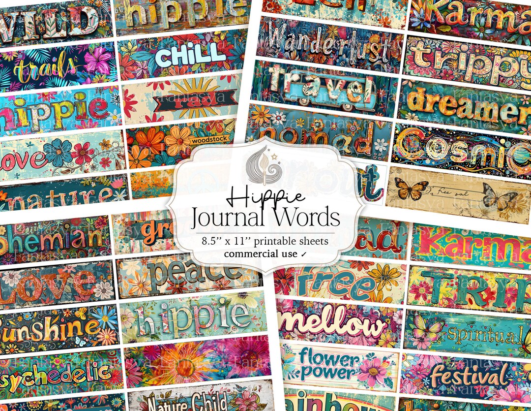 Hippie Journal Word Labels: Boho Retro Theme Printable Ephemera Pack - Etsy
