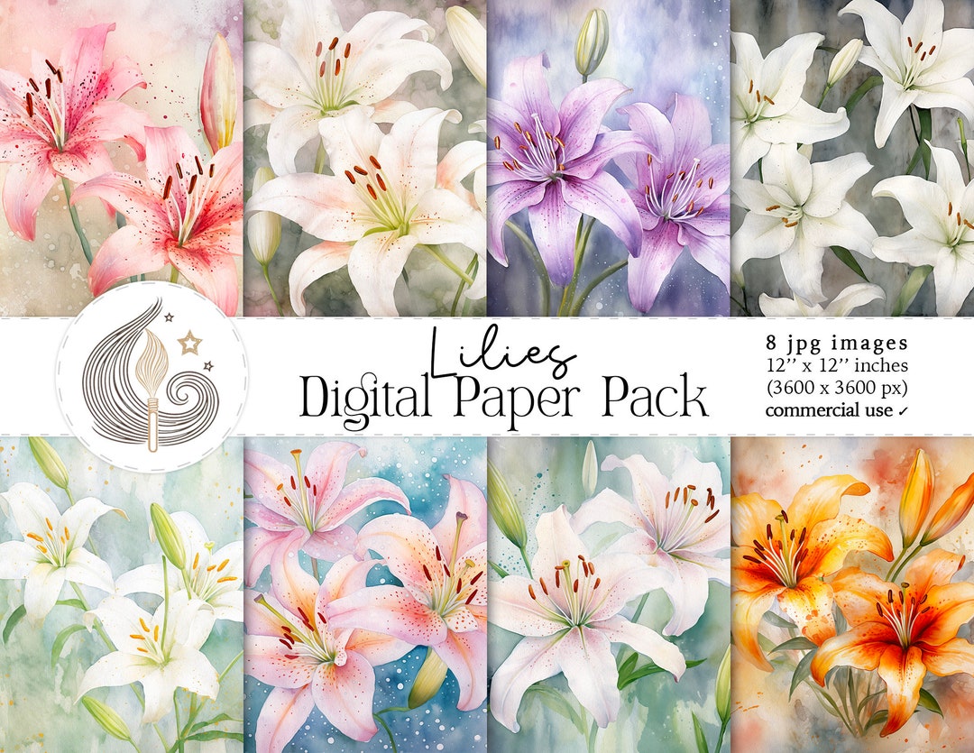 Lilies Digital Paper Pack: Watercolor Lily Flower Backgrounds in Soft ...