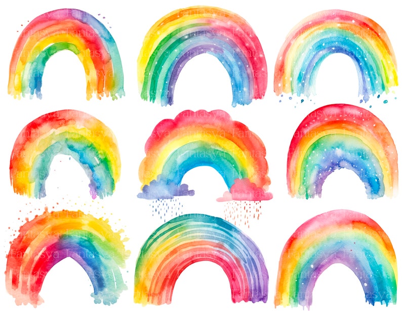 Watercolor Rainbow Clipart Pack: Colorful Rainbows and Soft Clouds (PNG ...