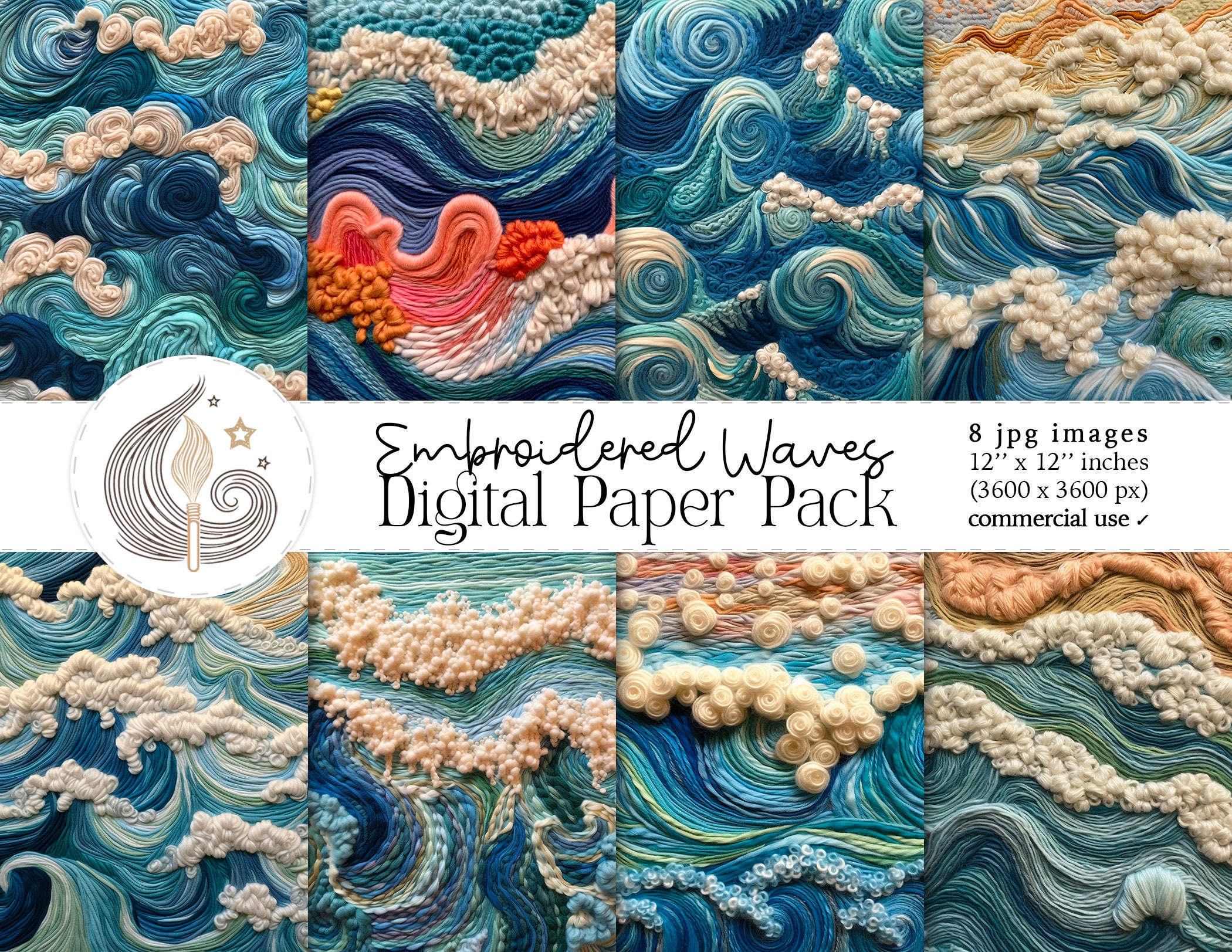 Embroidered Ocean Digital Paper Ocean Waves Digital - Etsy