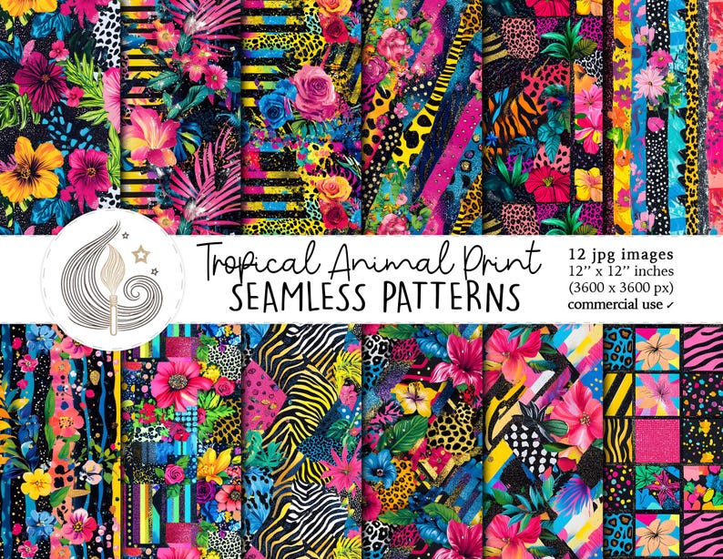 Tropical Animal Print Seamless Patterns: Exotic Floral Digital Paper ...