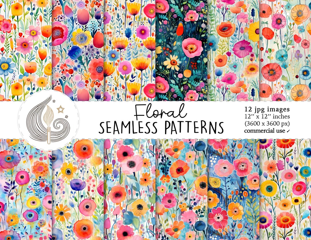 Floral Seamless Patterns: Watercolor Flower Digital Paper Pack in ...