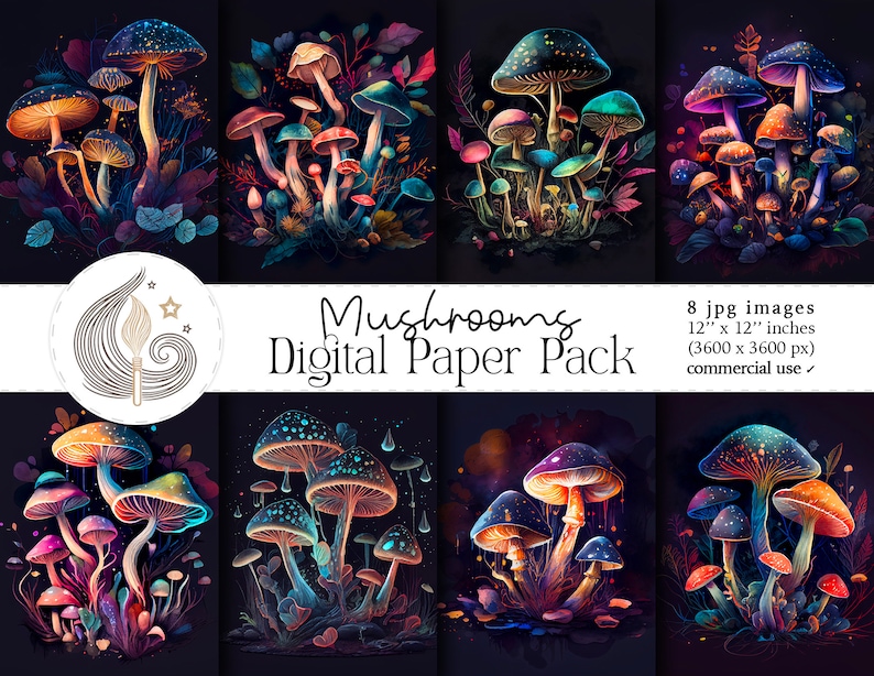 Mushrooms Digital Paper Watercolor Magical Mushroom Fairy - Etsy
