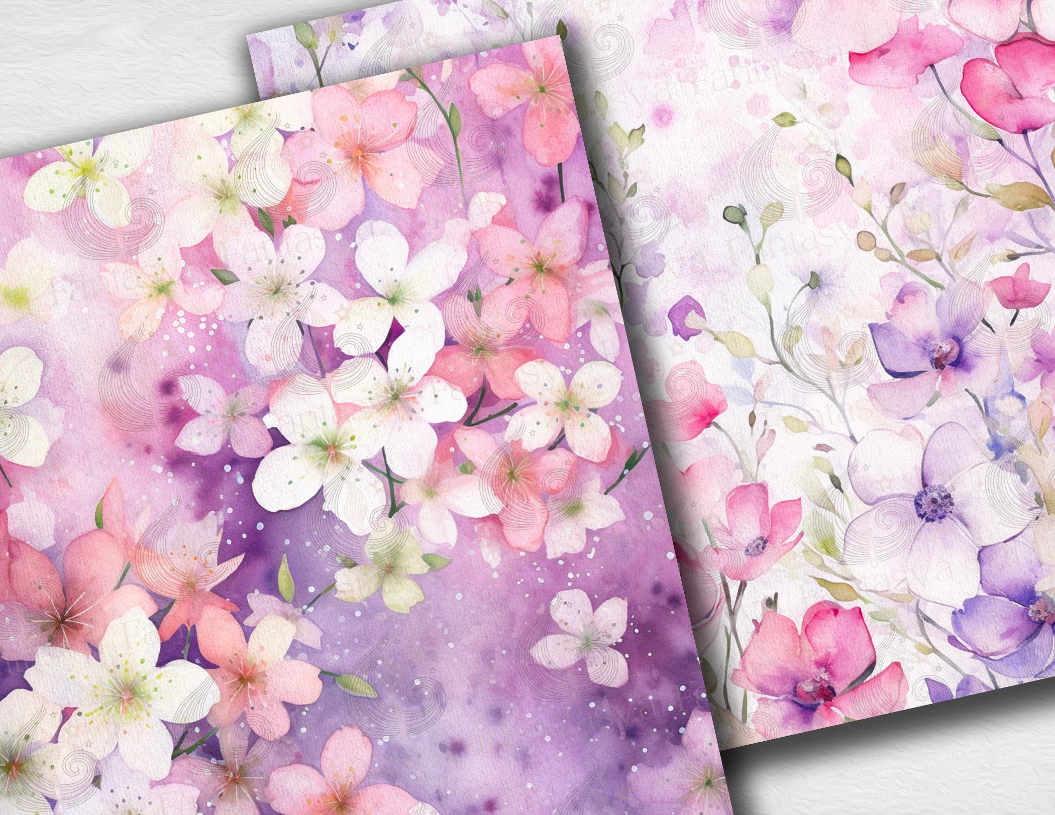 Spring Blossoms Digital Paper Pack: Watercolor Floral Backgrounds in ...