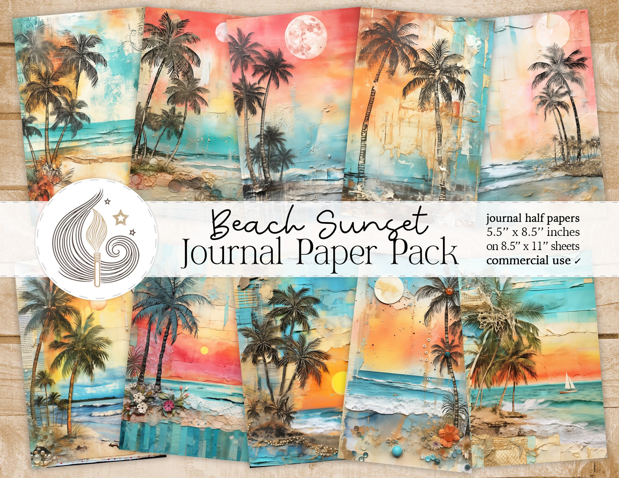 Beach Sunset Junk Journal Pages: Tropical Ocean Papers With Warm Palms ...