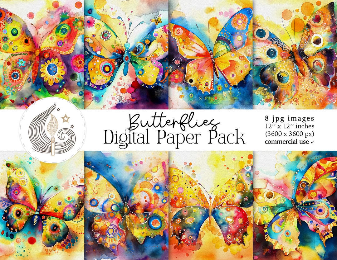 Butterflies Digital Paper Pack: Vibrant Watercolor Butterfly ...