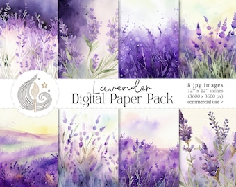 Lavender Digital Paper Pack: Watercolor Botanical Backgrounds in Soft ...