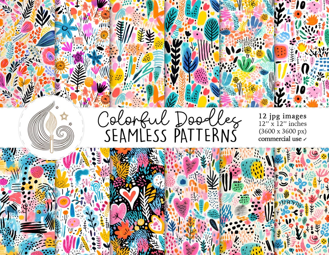 Colorful Doodles Seamless Patterns: Fun Hand-drawn Digital Paper Pack ...