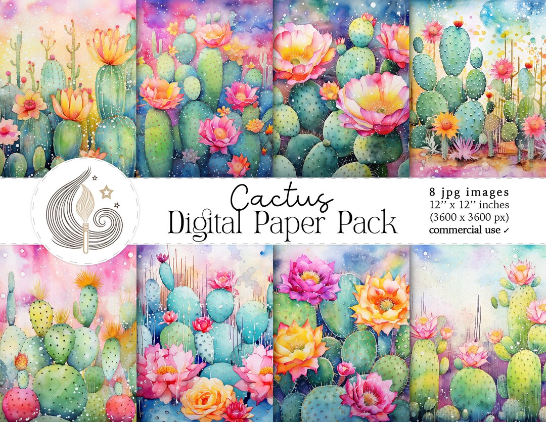 Cactus Digital Paper Pack: Watercolor Desert Flowers in Pink and Green ...