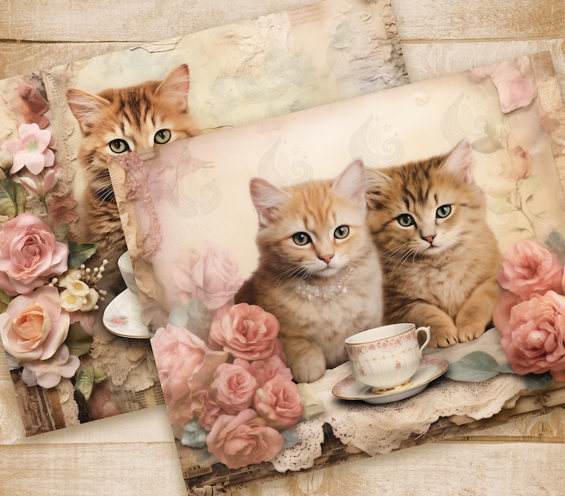 Pacote de papel para diário Cat Tea Party | Download digital | Suprimentos para diário | Rosas ...