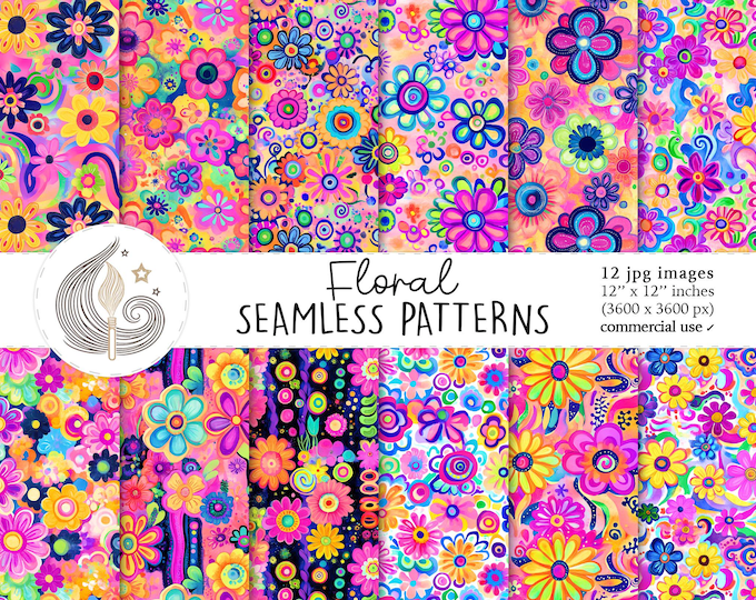 Floral Seamless Patterns: Retro Flower Power Digital Paper Pack With ...