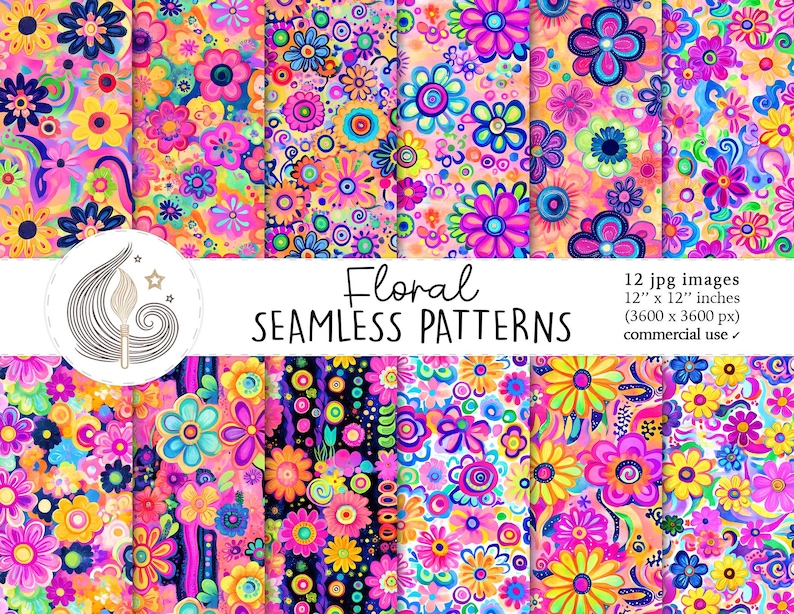 Floral Seamless Patterns: Retro Flower Power Digital Paper Pack With ...