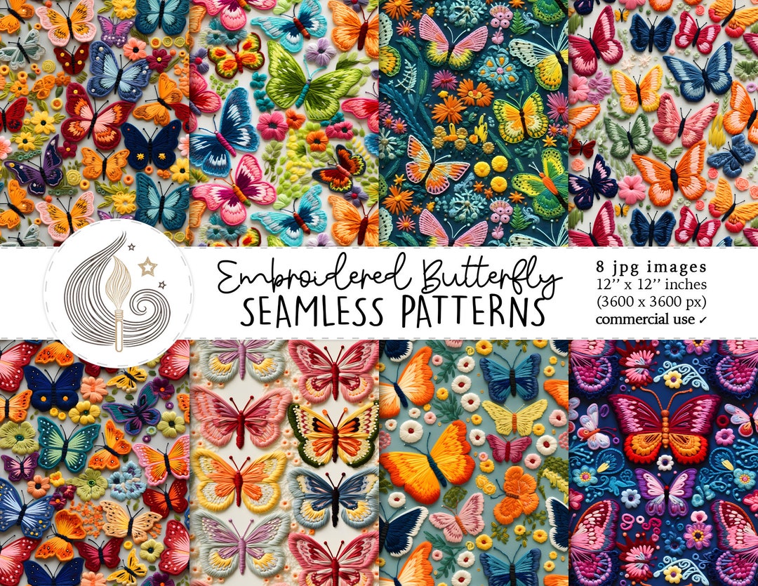 Embroidered Butterfly Seamless Patterns: Textile Digital Paper Pack ...
