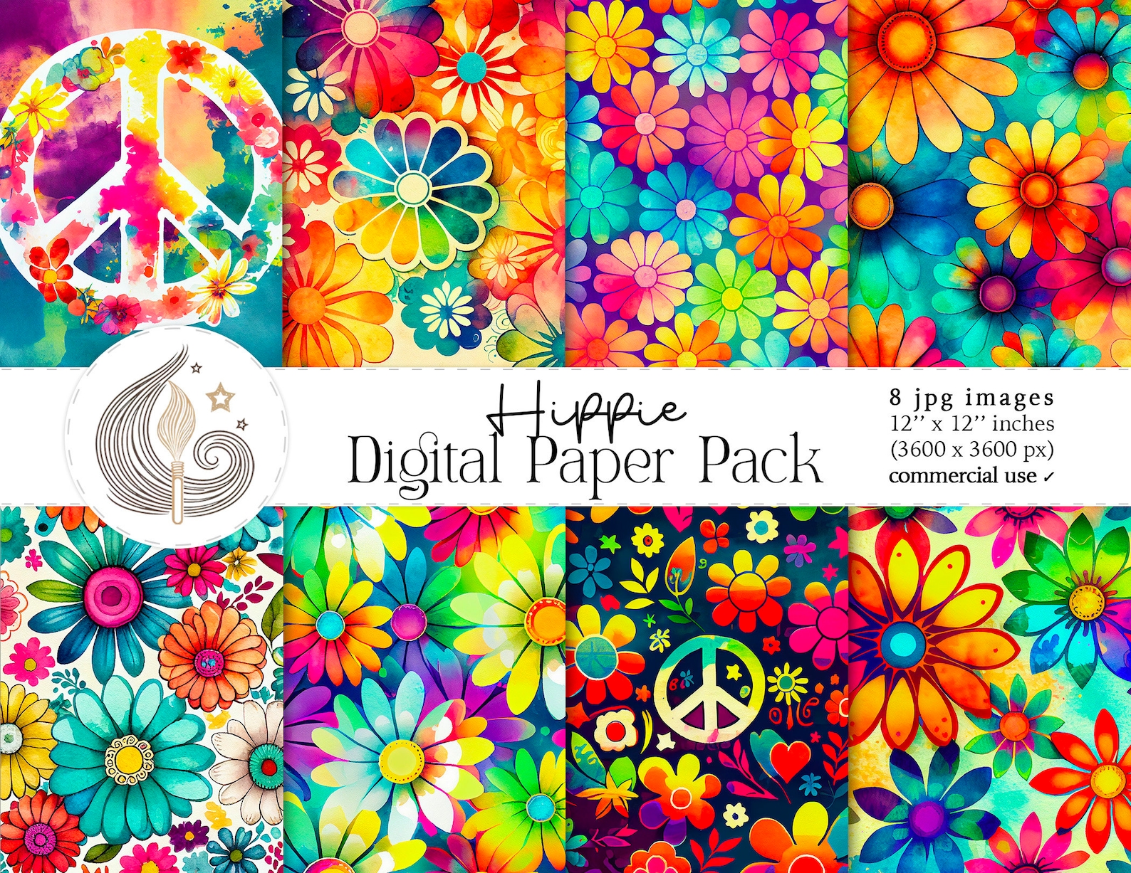 Hippie Pattern Commercial Use Digital Paper Hippie Textures Flower ...