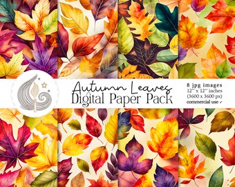 Autumn Leaves Digital Paper Pack: Watercolor Fall Foliage Backgrounds ...