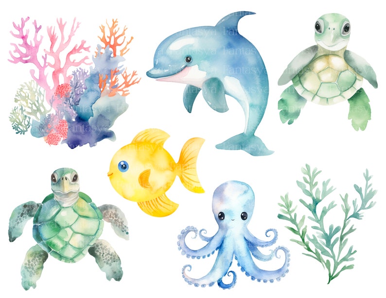 Watercolor Sea Creatures Clipart Sea Animals Clipart - Etsy UK