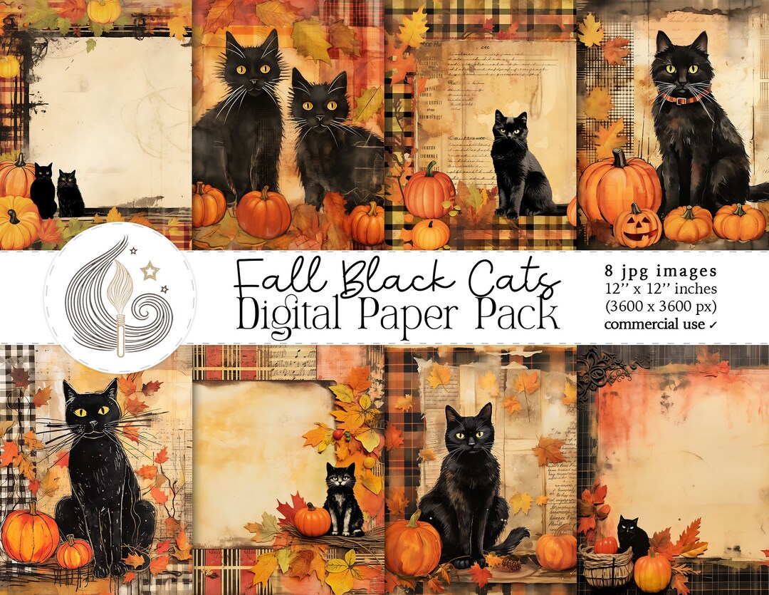 Fall Black Cats Digital Paper Pack: Cozy Autumn Watercolor Backgrounds ...