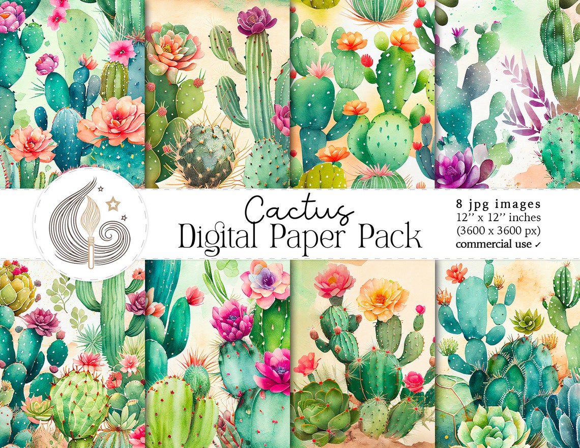 Cactus Digital Paper Pack: Watercolor Desert Plants & Succulent ...