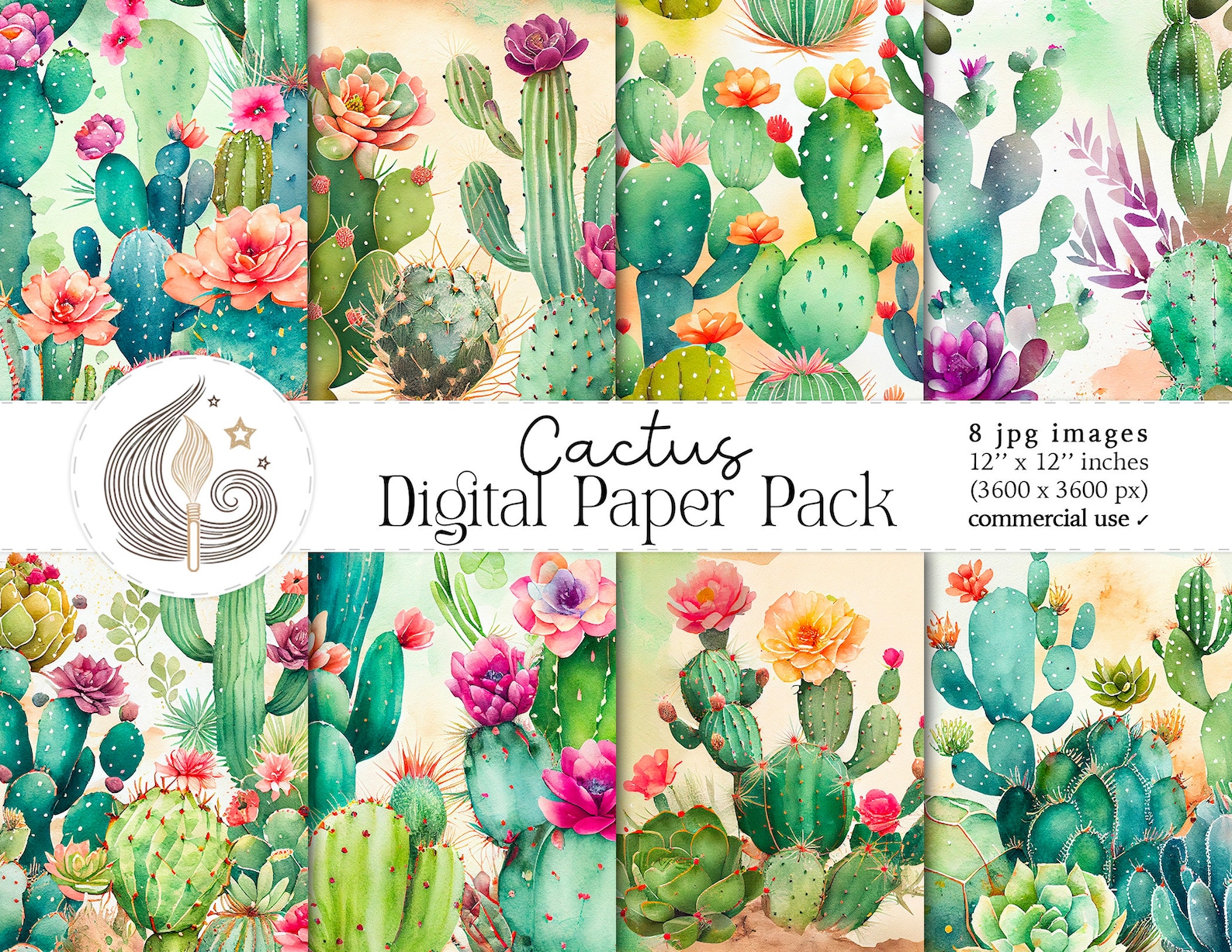 Cactus Digital Paper Pack Watercolor Cactus Backgrounds Boho Scrapbook ...