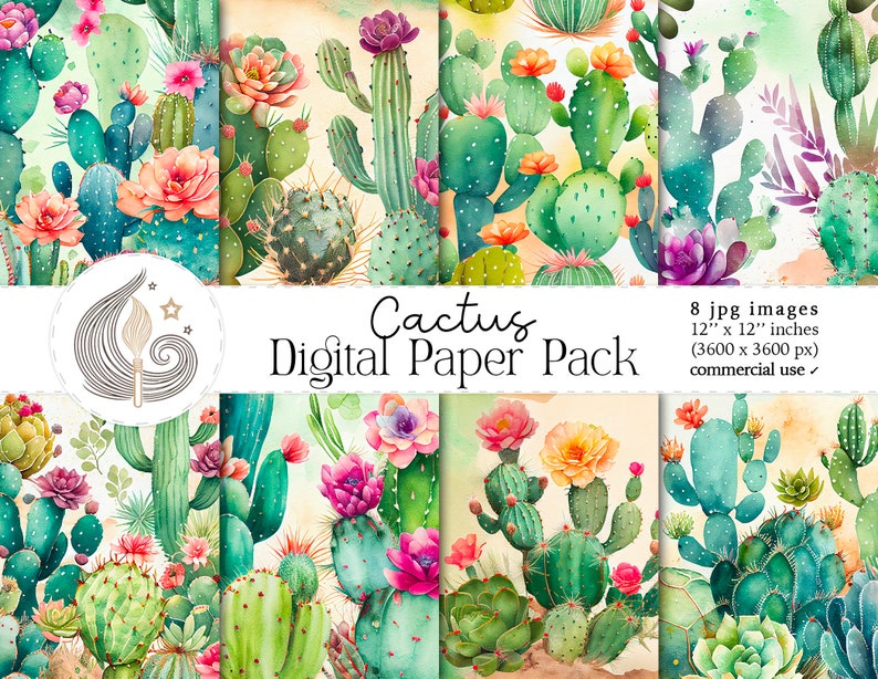 Cactus Digital Paper Pack Watercolor Cactus Backgrounds - Etsy