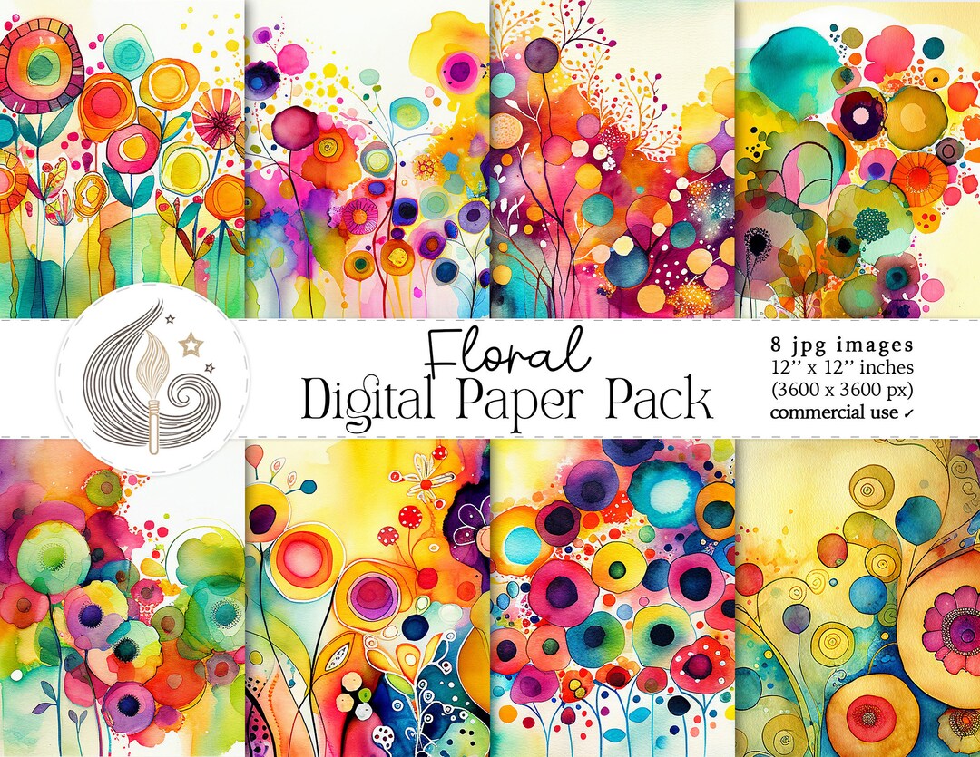Floral Digital Paper Pack: Abstract Watercolor Flowers in Warm and ...