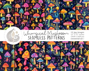 Whimsical Mushroom Seamless Patterns: Colorful Fantasy Forest Digital ...