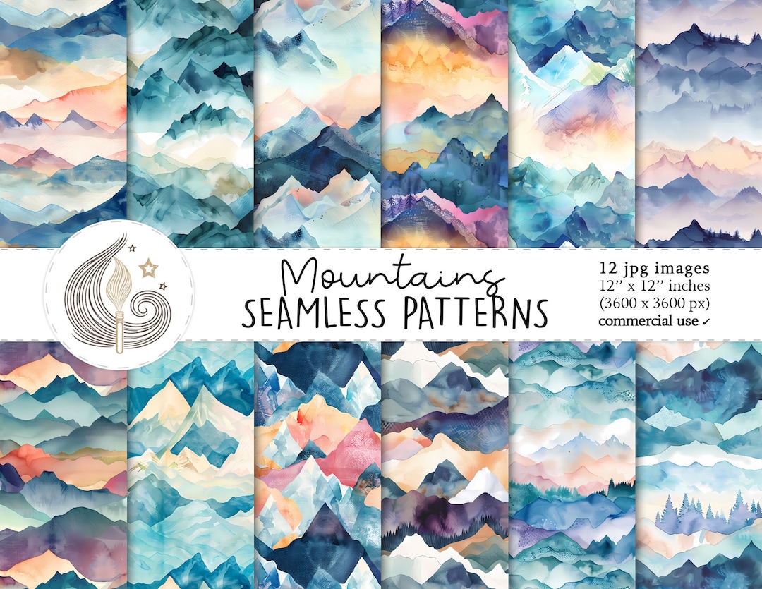 Mountains Seamless Patterns: Watercolor Landscape Digital Paper Pack ...