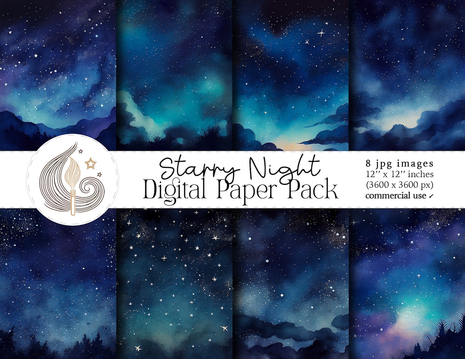 Starry Night Digital Paper Pack: Deep Blue Galaxy Backgrounds With ...