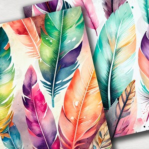 Watercolor Feathers | Boho Digital Paper Pack | Scrapbooking Paper ...