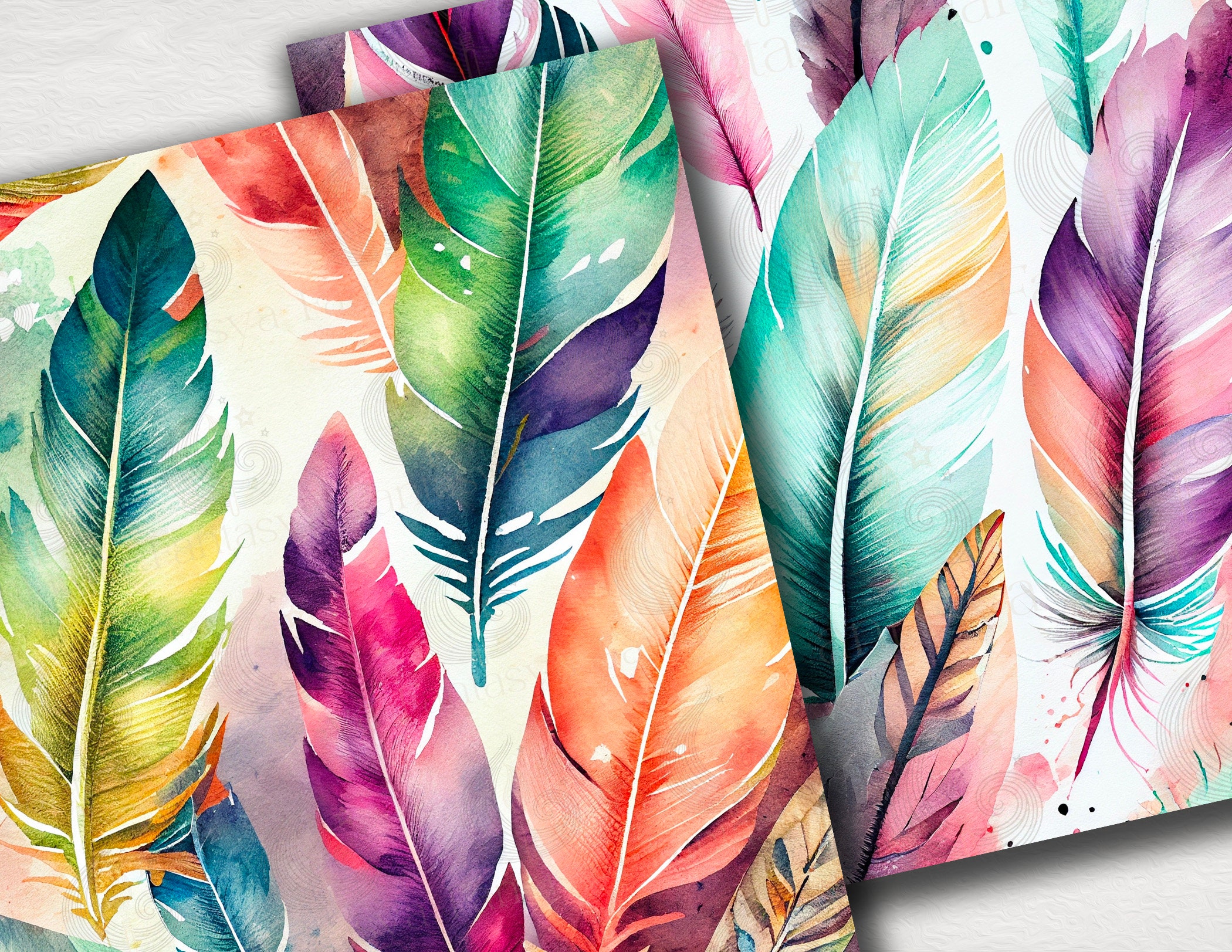 Watercolor Feathers Boho Digital Paper Pack Scrapbooking - Etsy