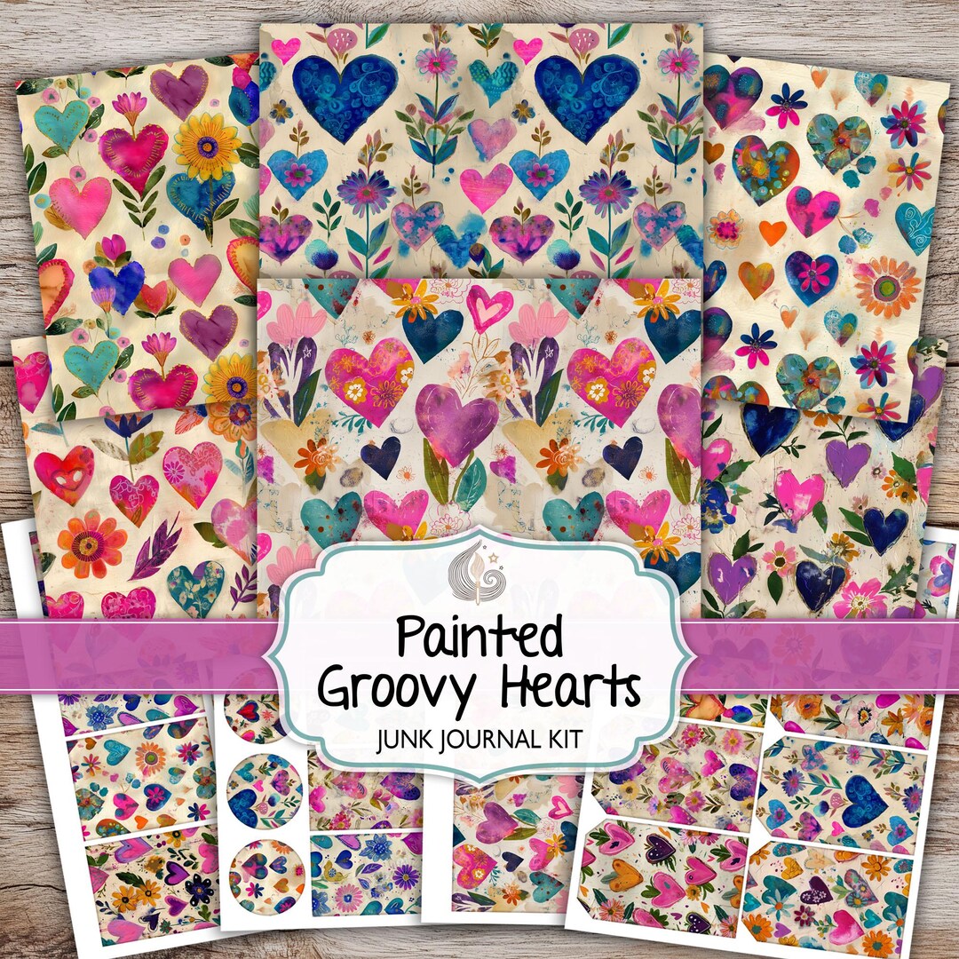 Painted Groovy Hearts Junk Journal Kit: Colorful Heart Collage ...