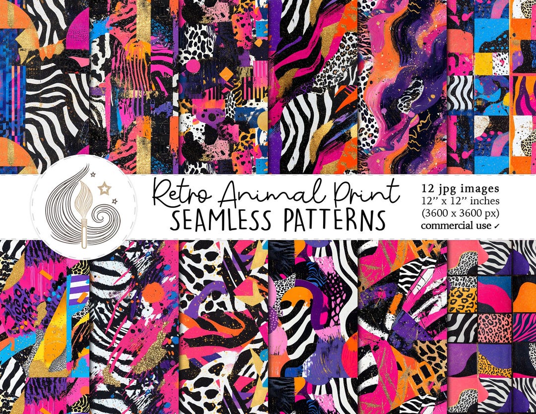 Retro Animal Print Seamless Patterns: Funky 80s Digital Paper Pack With ...