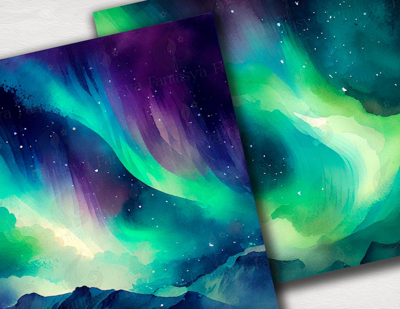 Northern Lights Digital Paper Pack: Watercolor Aurora Borealis ...