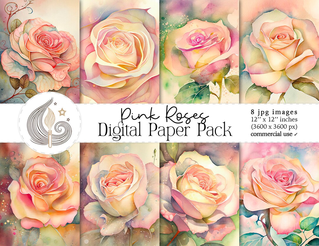 Rose Digital Paper | Watercolor Pink Roses | Roses Scrapbook Paper ...