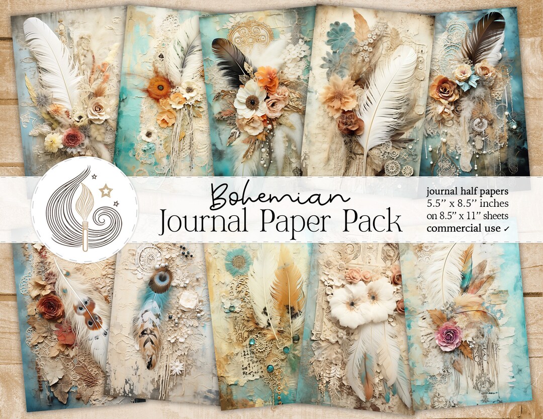 Bohemian Junk Journal Pages: Neutral Nature Papers With Feathers ...
