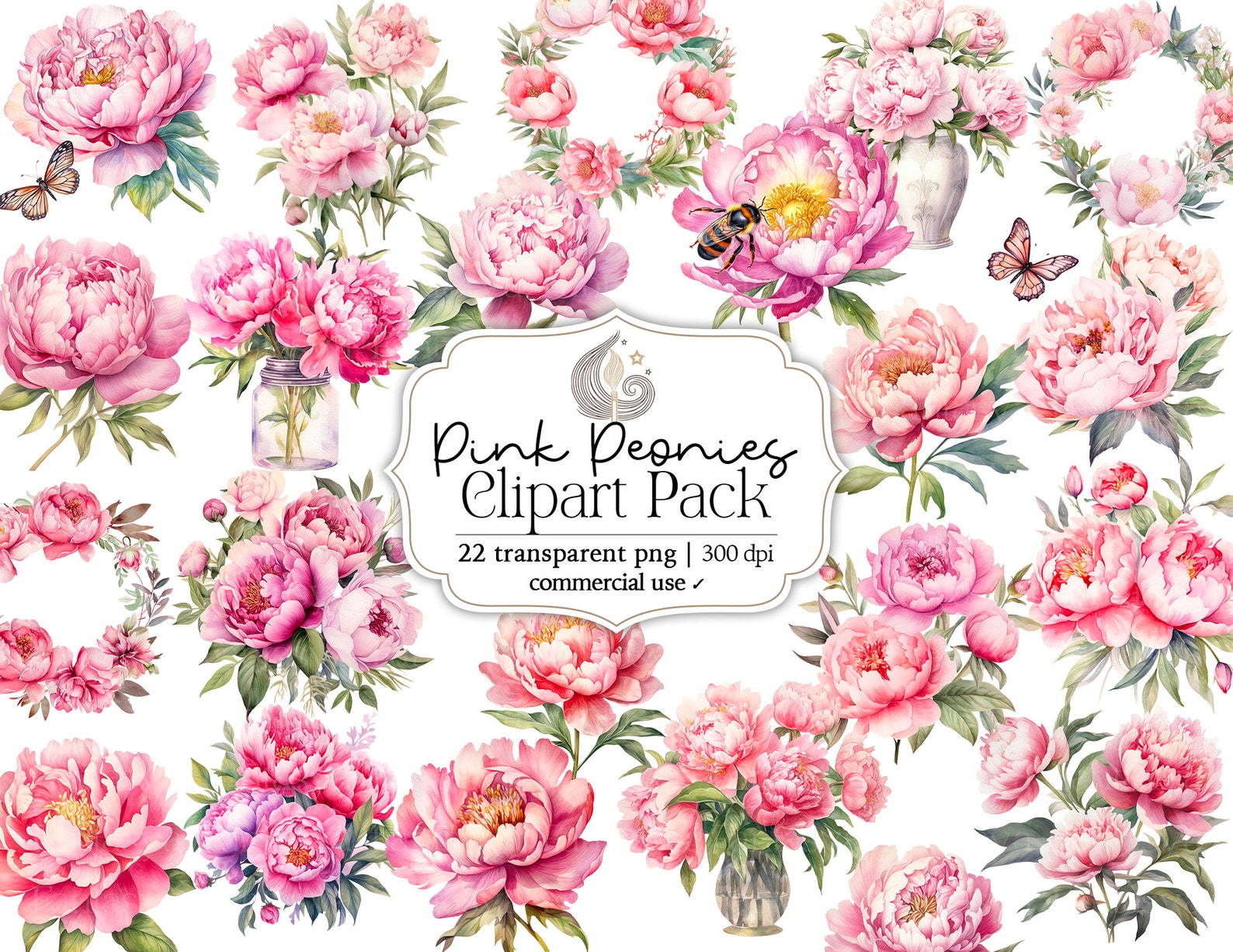 Peony Flowers Clipart Pink Peony Watercolor Peonies - Etsy