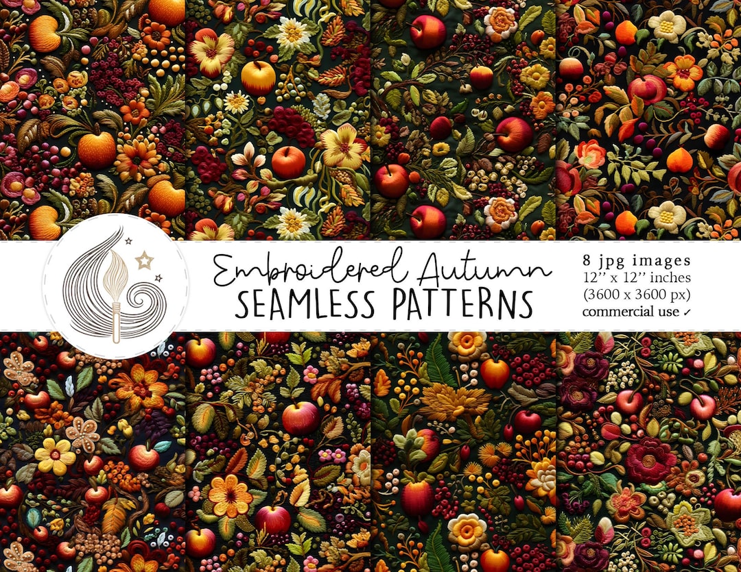 Embroidered Autumn Seamless Patterns: Textured Harvest Digital Paper ...